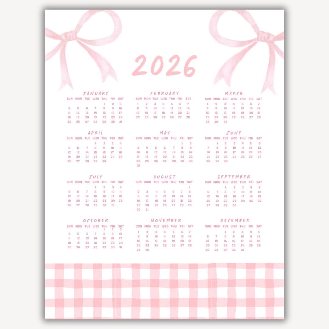 Calendar 2026 Pink Bows, 2026 Calendar With Bows Pink, Calendar for ...
