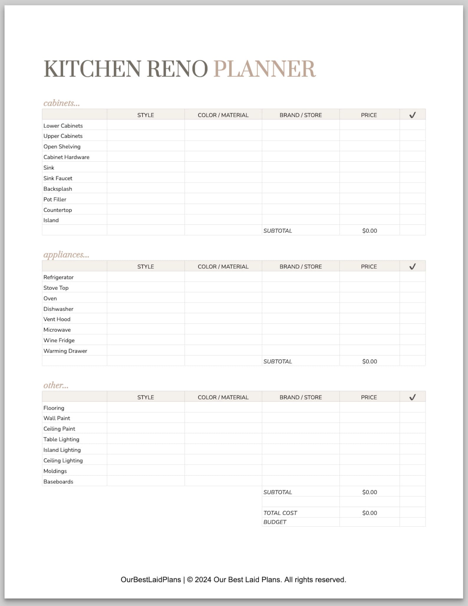 Kitchen Renovation Planner Printable PDF Google Sheets Editable Kitchen ...