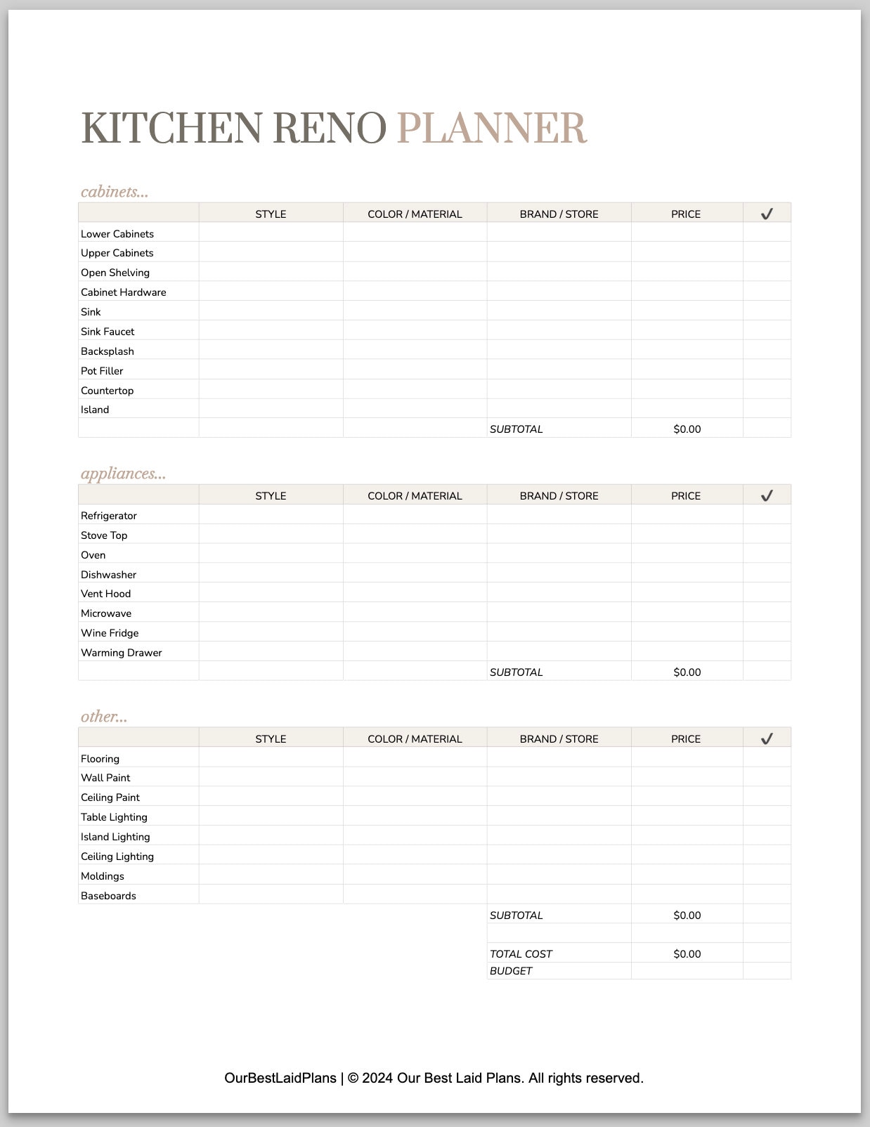 Kitchen Renovation Planner Printable PDF Google Sheets Editable Kitchen ...