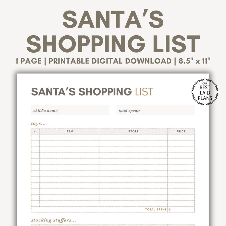 Santa's Shopping List Printable, Christmas Gift List Planner, Christmas ...