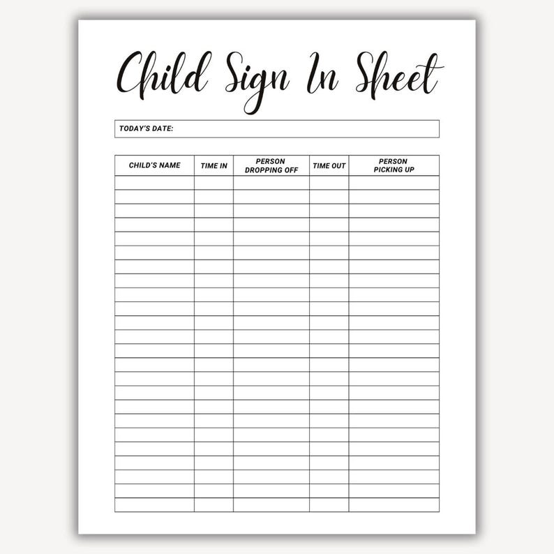 Daycare Sign in Sheet Printable PDF, Child Care Sign in Sheet ...