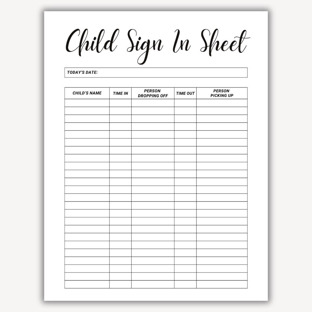 Daycare Sign in Sheet Printable PDF, Child Care Sign in Sheet ...
