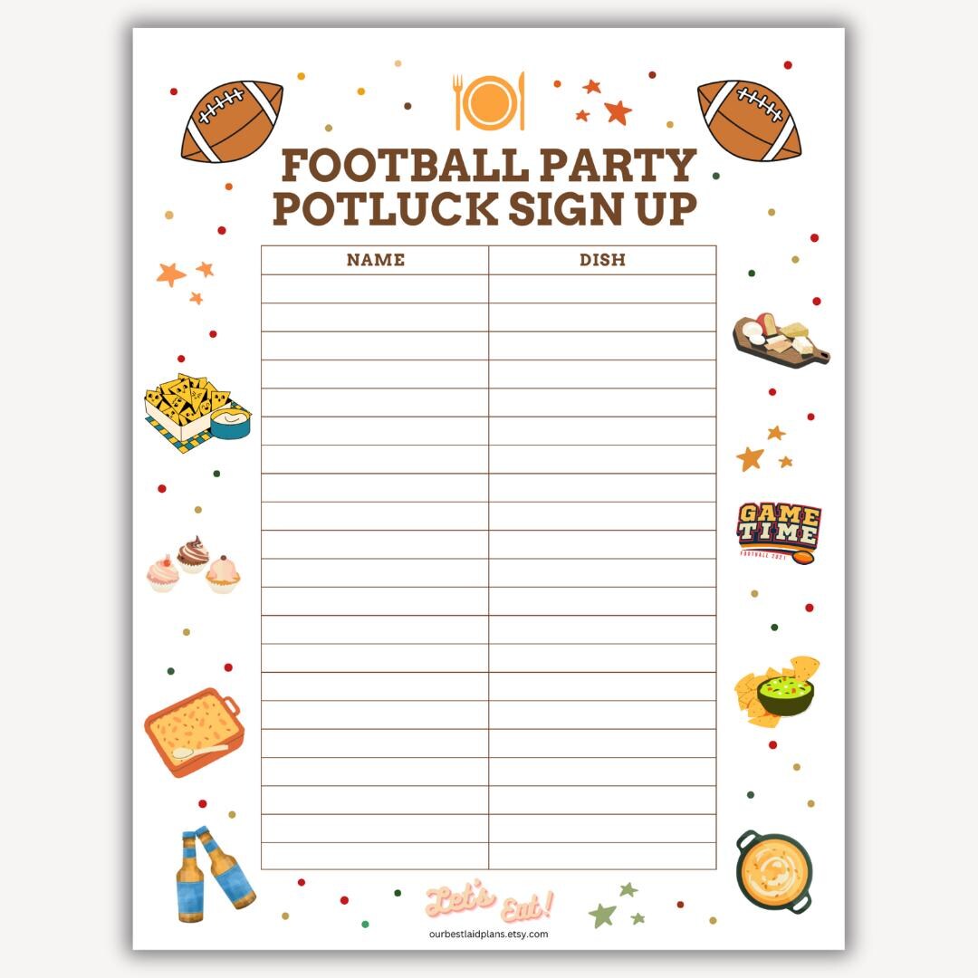 Football Party Potluck Sign up Sheet Printable PDF, Super Big Game ...