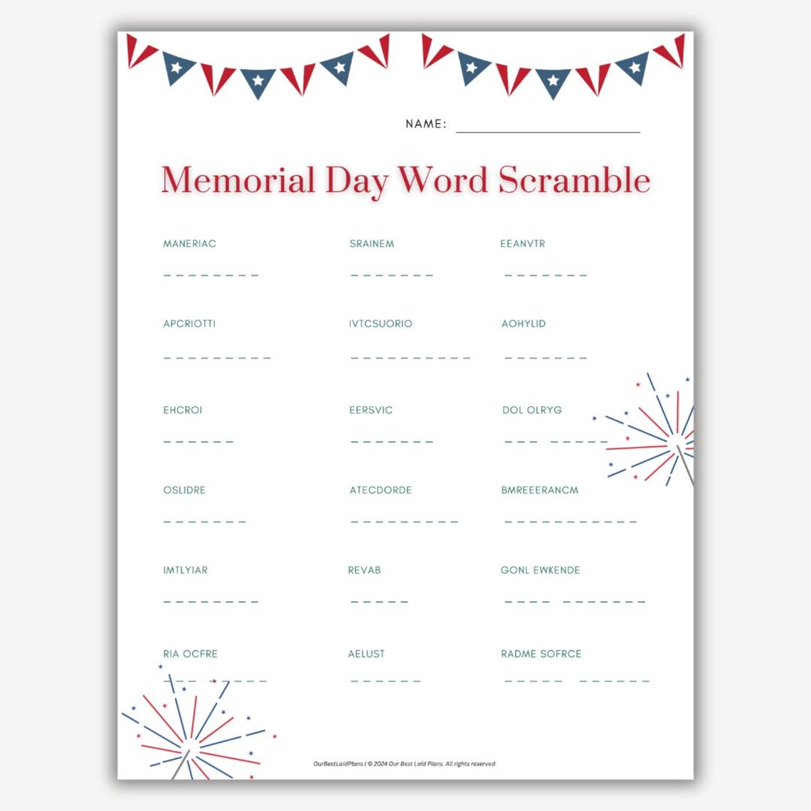 Memorial Day Word Scramble Printable PDF Word Unscramble Word Scramble ...