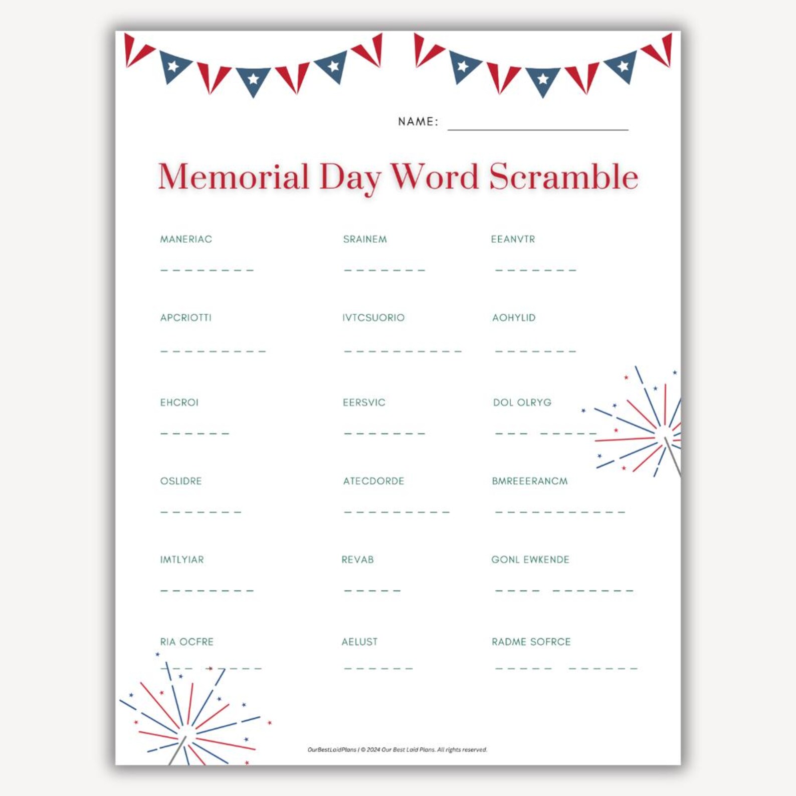Memorial Day Word Scramble Printable PDF Word Unscramble Word Scramble ...