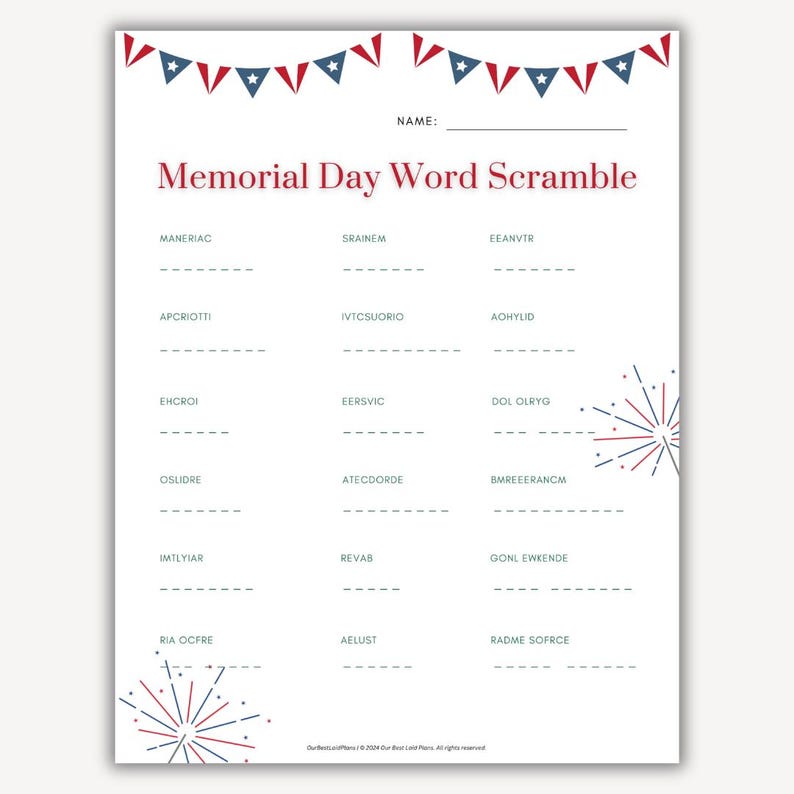 Memorial Day Word Scramble Printable PDF Word Unscramble Word Scramble ...