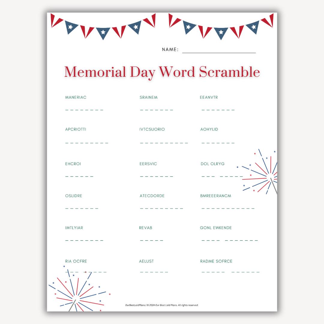 Memorial Day Word Scramble Printable PDF Word Unscramble Word Scramble ...