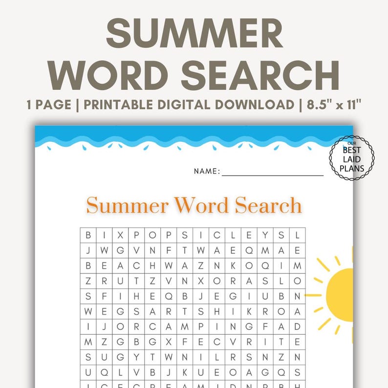 Summer Word Search Summer Theme Word Find Puzzle Printable PDF Summer ...