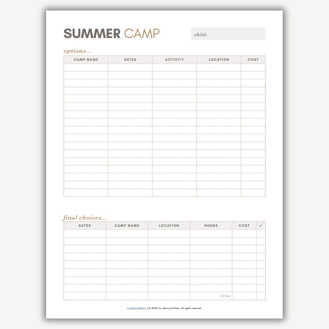 Summer Camp Planner Printable PDF, Summer Camp, Summer Planning Ideas ...