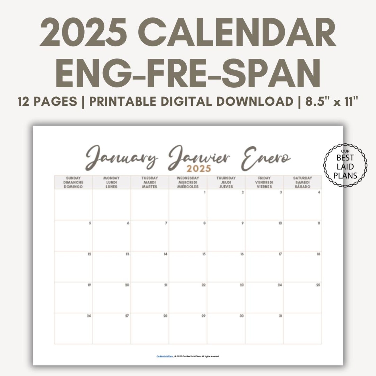 English French Spanish 2025 Calendar Printable PDF Trilingual Calendar ...