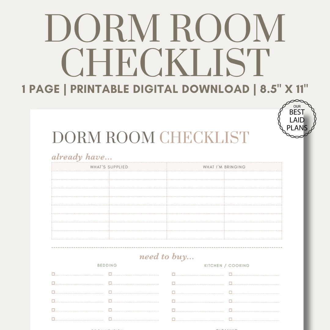 Dorm Room Checklist Planner Printable Pdf Going Off To College Dorm