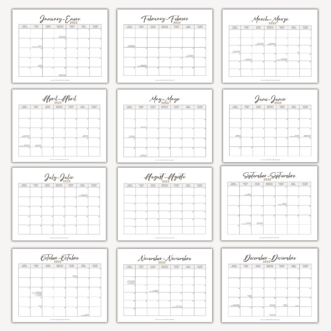 English Spanish Calendar for 2025 Printable PDF With Holidays Landscape ...