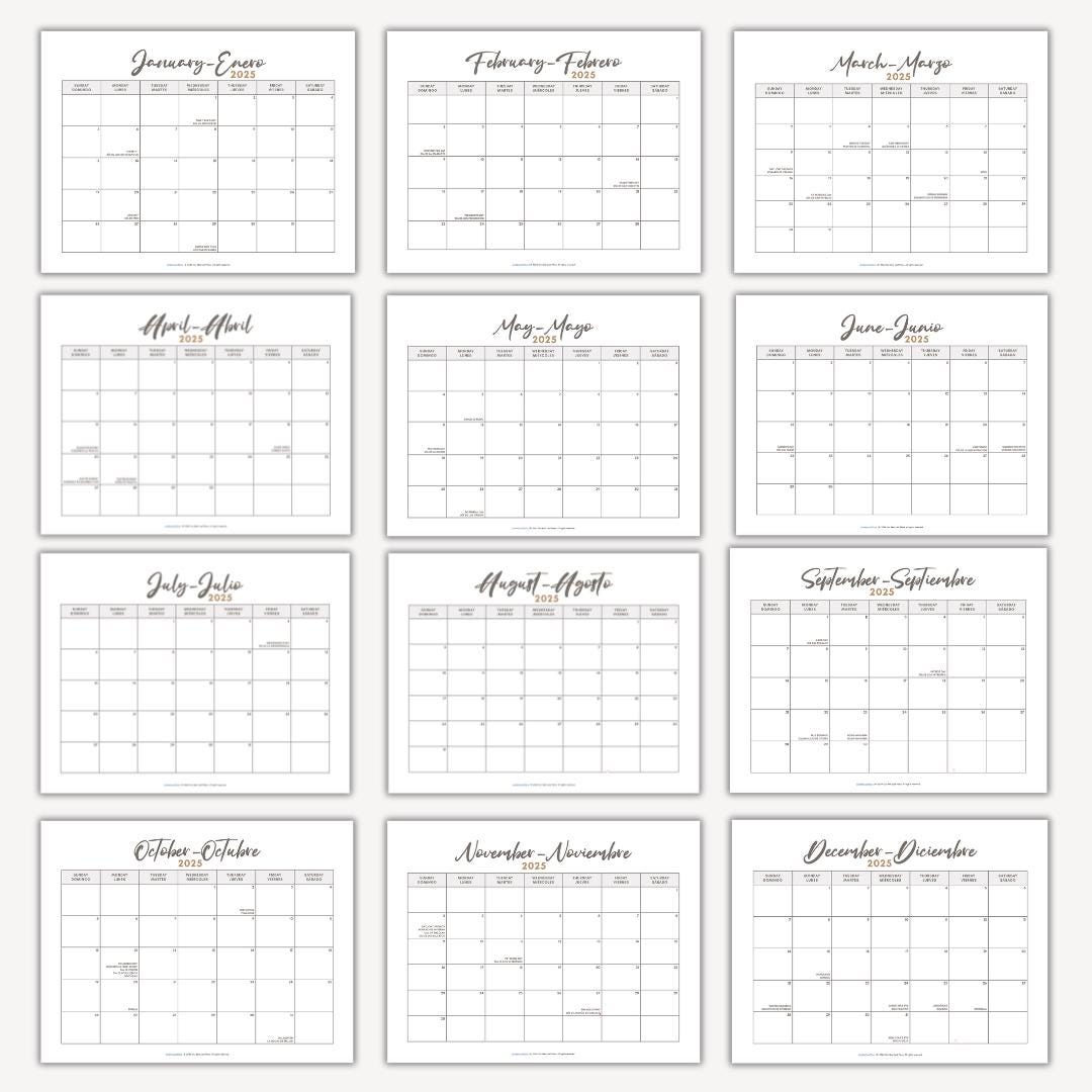 English Spanish Calendar for 2025 Printable PDF With Holidays Landscape ...