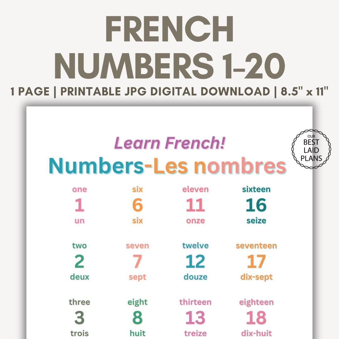 French Numbers Chart Printable Numbers 1-20 in French English to French ...