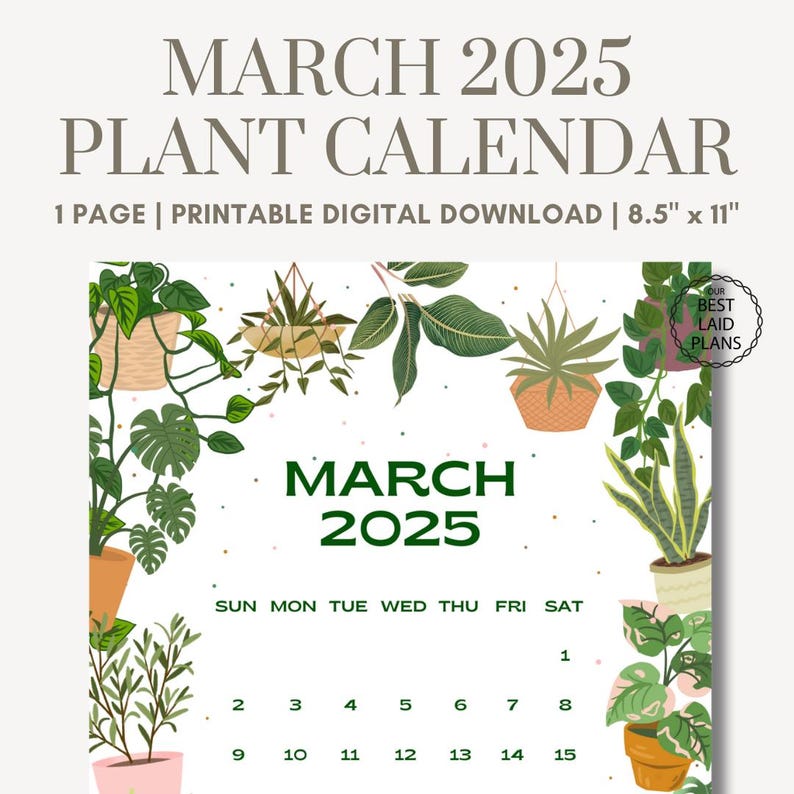 March 2025 Calendar Printable PDF Monthly March 2025 Calendar Plant ...