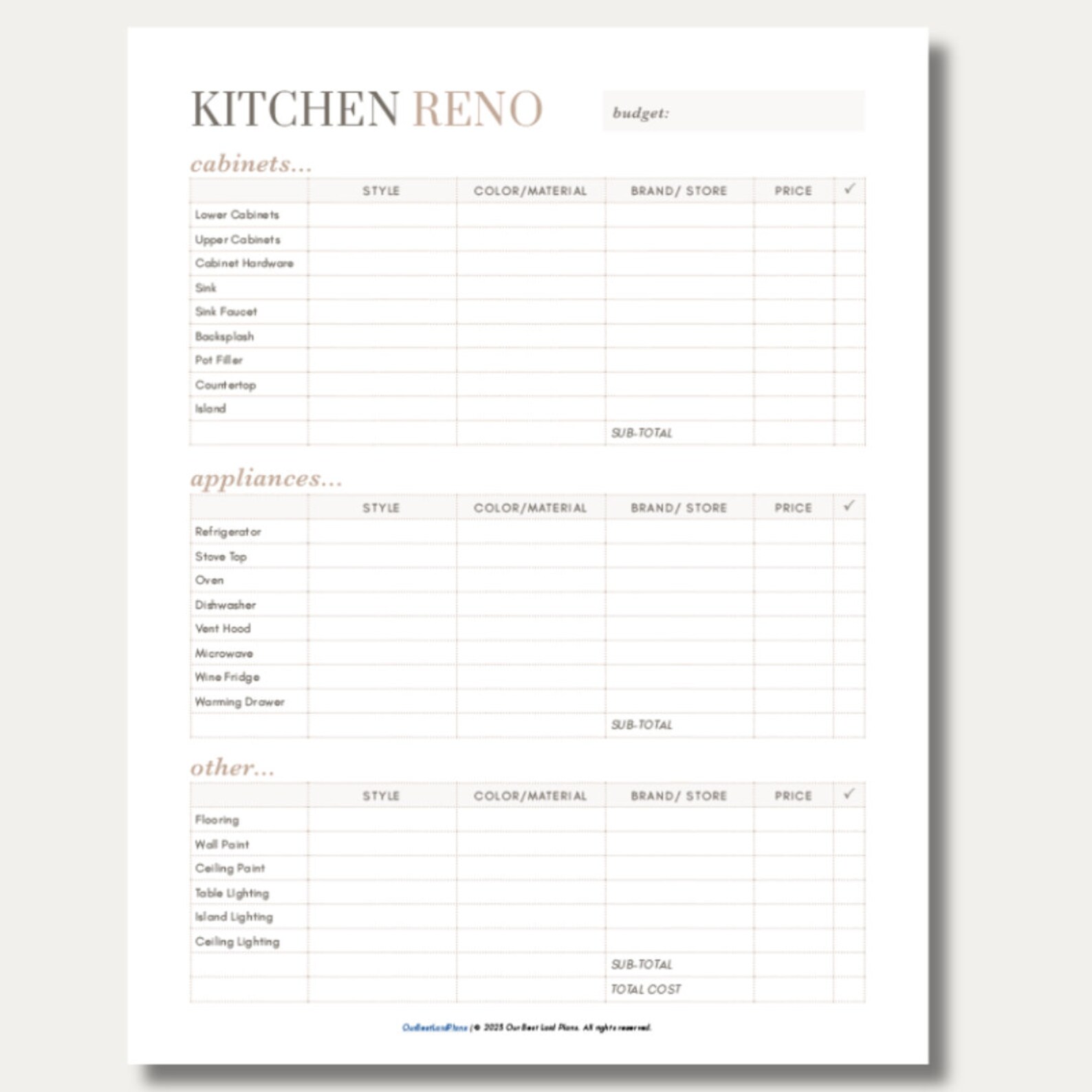 Kitchen Renovation Planner Printable PDF Google Sheets Editable Kitchen ...