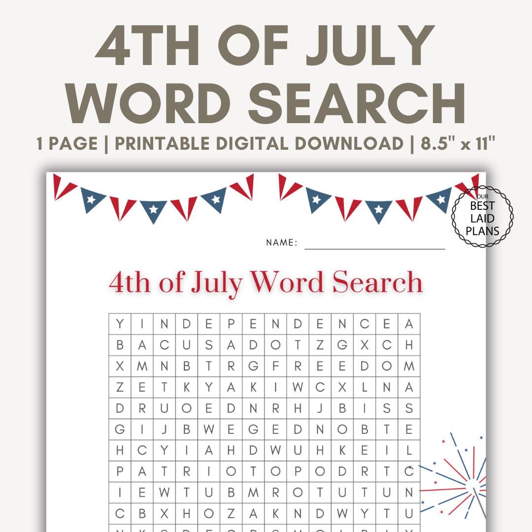 Fourth of July Word Search, 4 of July Word Search, 4th July Word Search ...