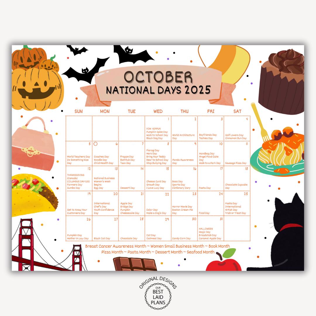 October National Days Calendar Printable, National October Days ...