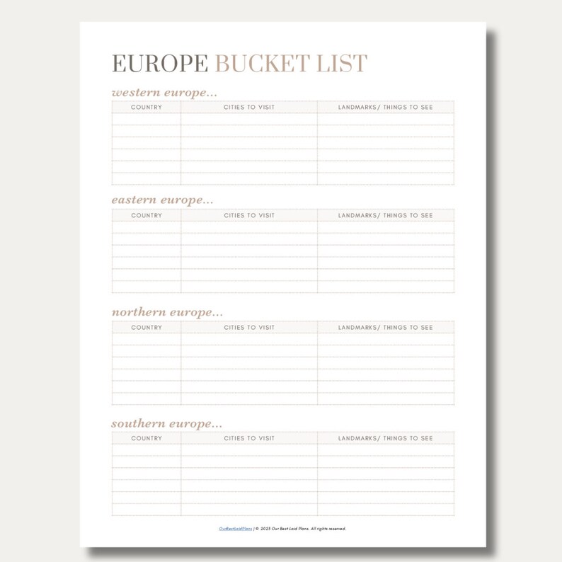 Europe Bucket List Printable PDF, Europe Travel List, Europe Vacation ...