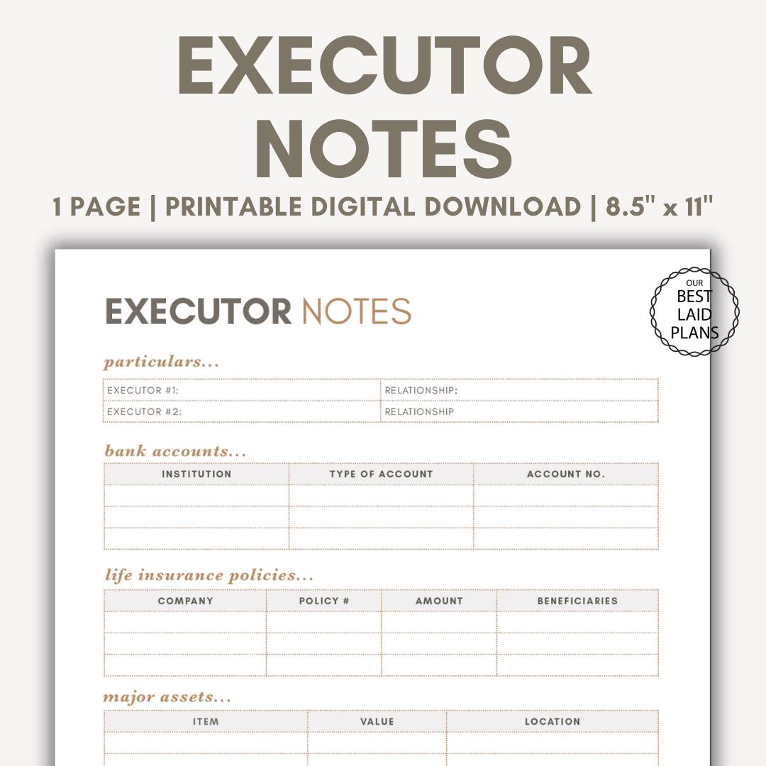 Executor Notes Printable PDF Estate Executor Notes Will Executor Notes ...