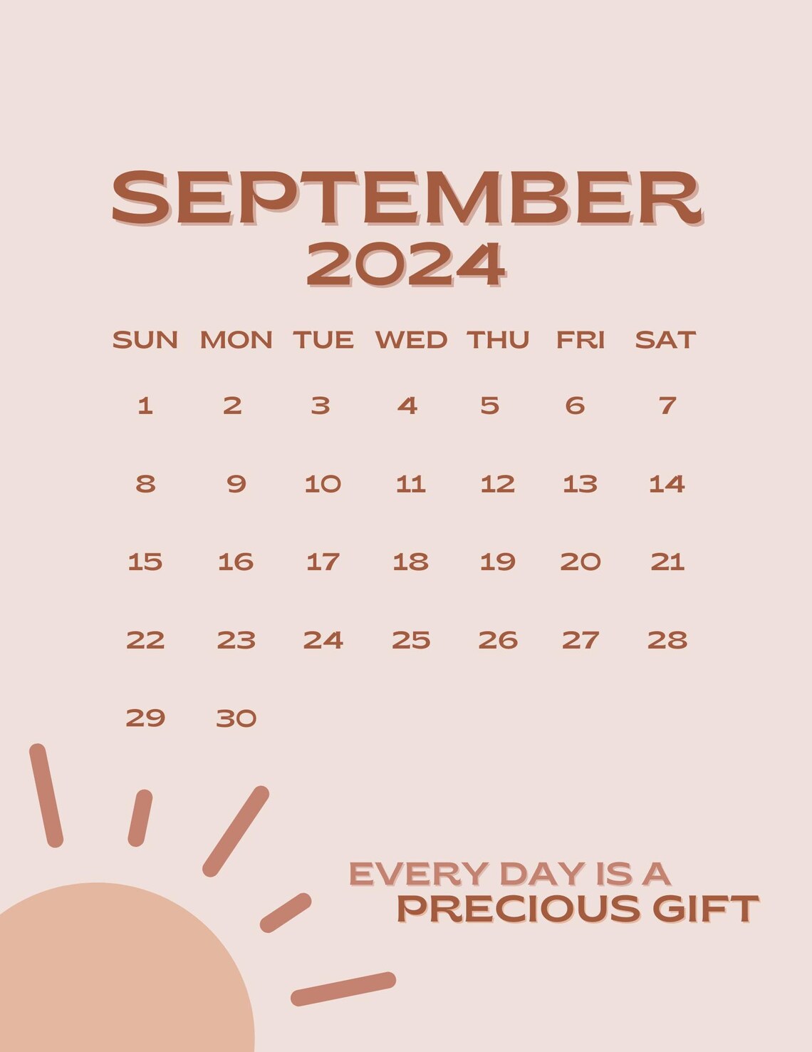 September 2024 Calendar Printable September 2024 Printable PDF Pink ...