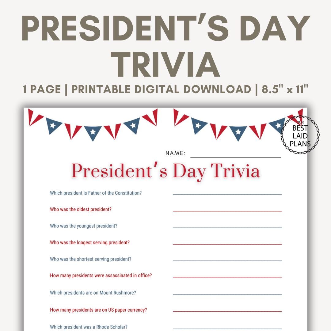 Presidents Day Trivia Questions Printable US Presidents Day Quiz ...