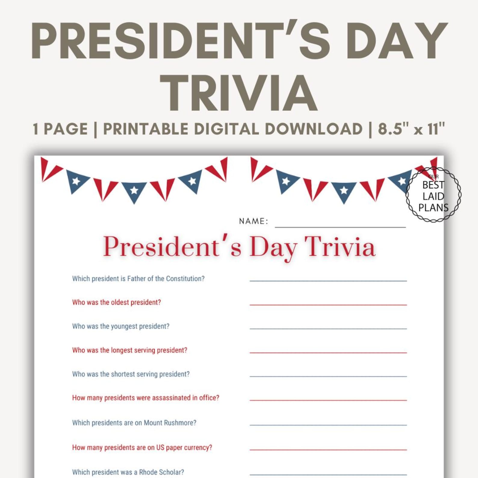 Presidents Day Trivia Questions Printable, US Presidents Day Quiz ...