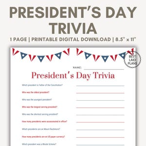 Presidents Day Trivia Questions Printable US Presidents Day Quiz ...