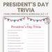 Presidents Day Trivia Questions Printable US Presidents Day Quiz ...