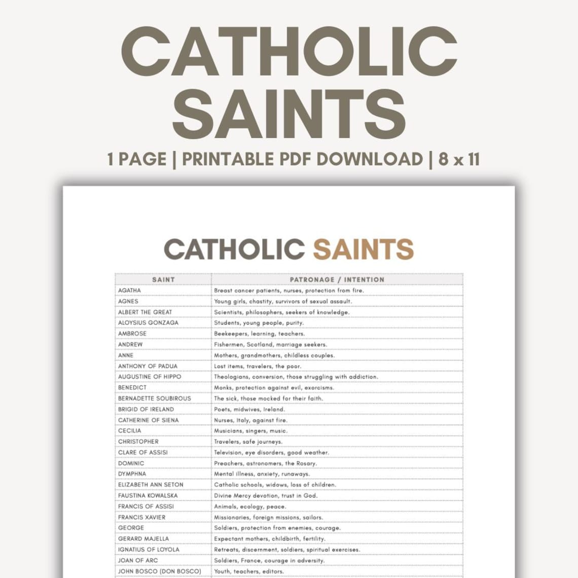 Catholic Saints Reference List Printable PDF, List of 40 Catholic ...