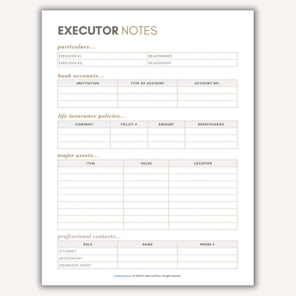 Executor Notes Printable PDF Estate Executor Notes Will Executor Notes ...