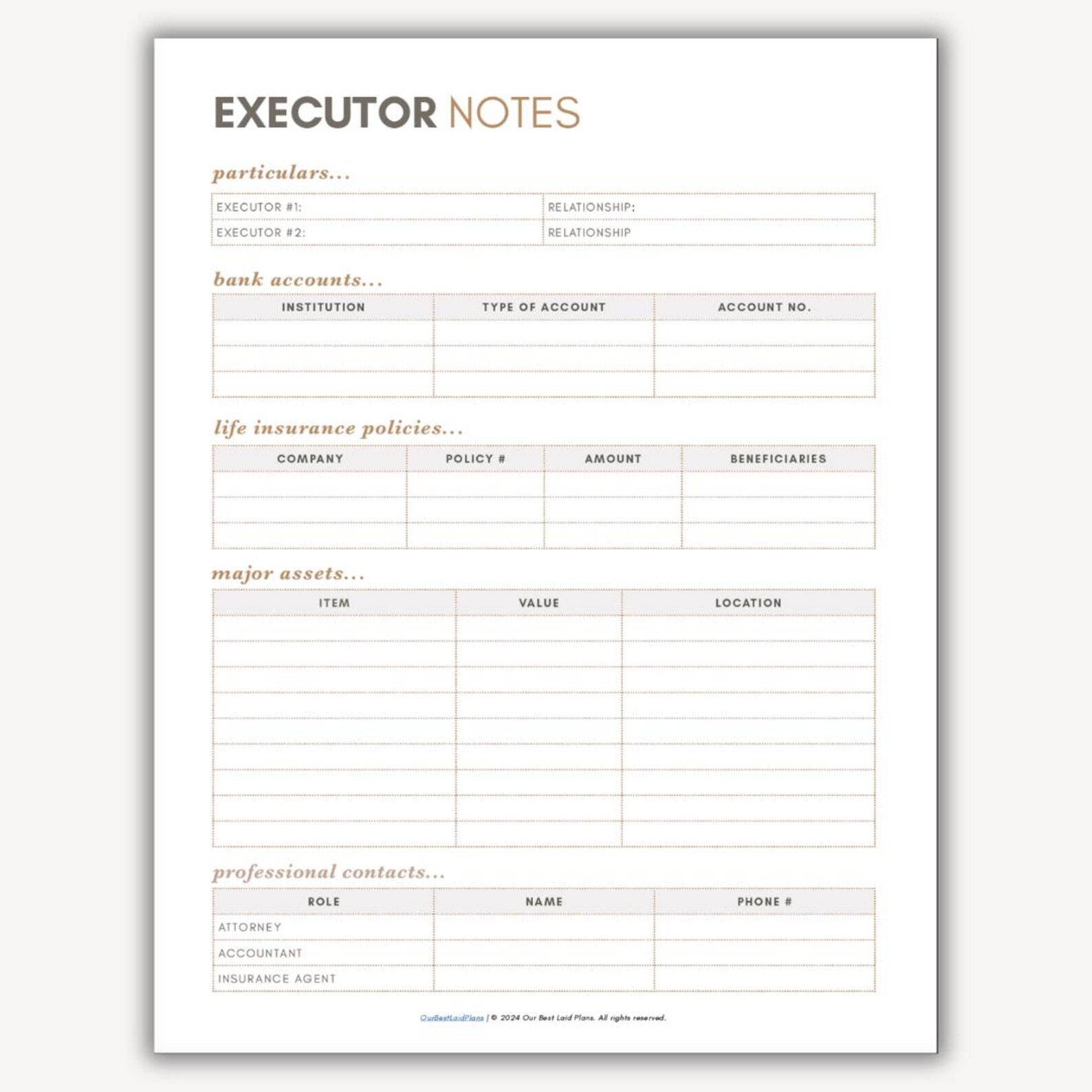 Executor Notes Printable PDF Estate Executor Notes Will Executor Notes ...