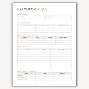 Executor Notes Printable PDF Estate Executor Notes Will Executor Notes ...