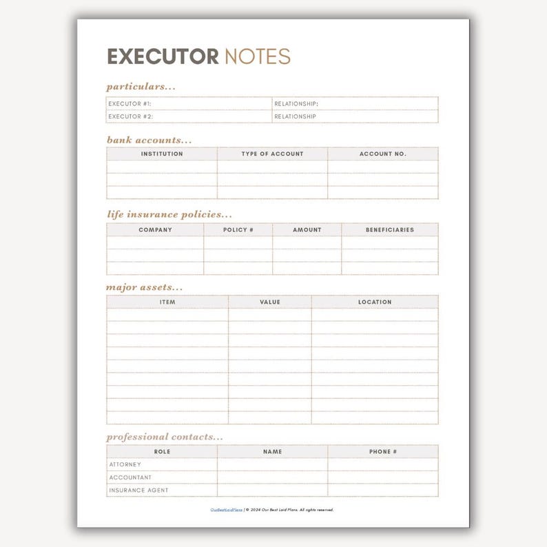 Executor Notes Printable PDF Estate Executor Notes Will Executor Notes ...