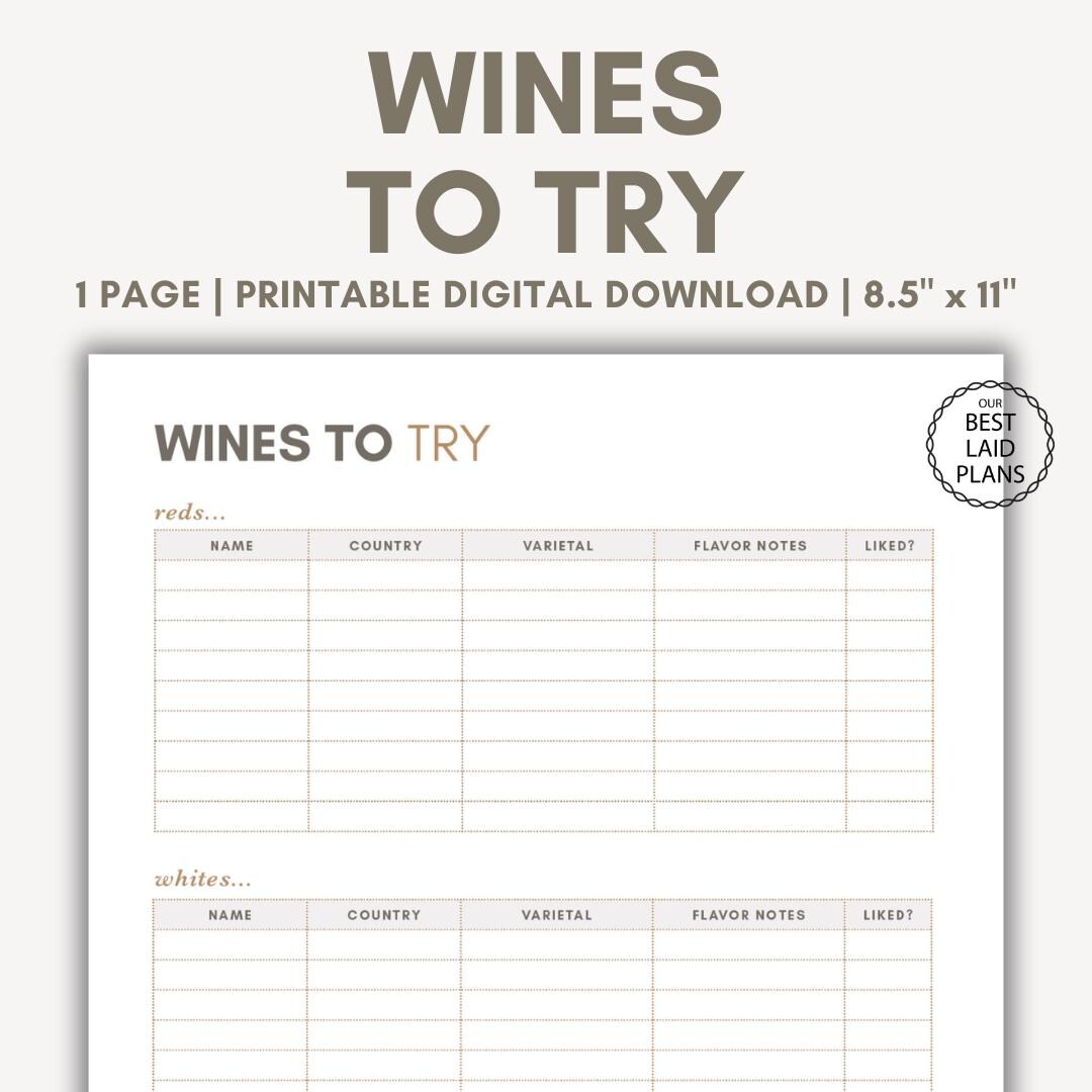 Wines to Try Wine Tracker Printable Digital Planner PDF Favorites List ...