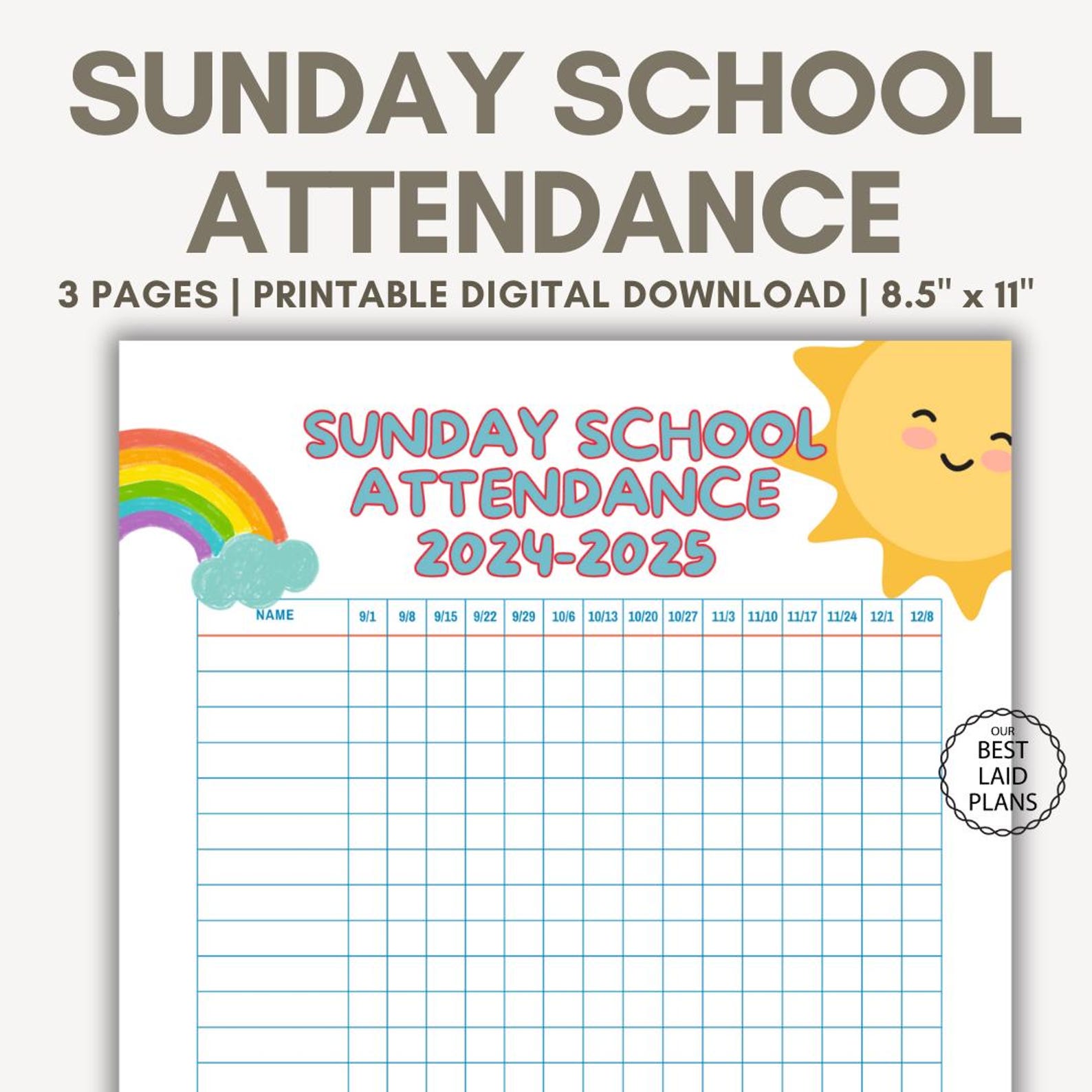 Sunday School Attendance Chart Printable PDF Sunday School Attendance ...