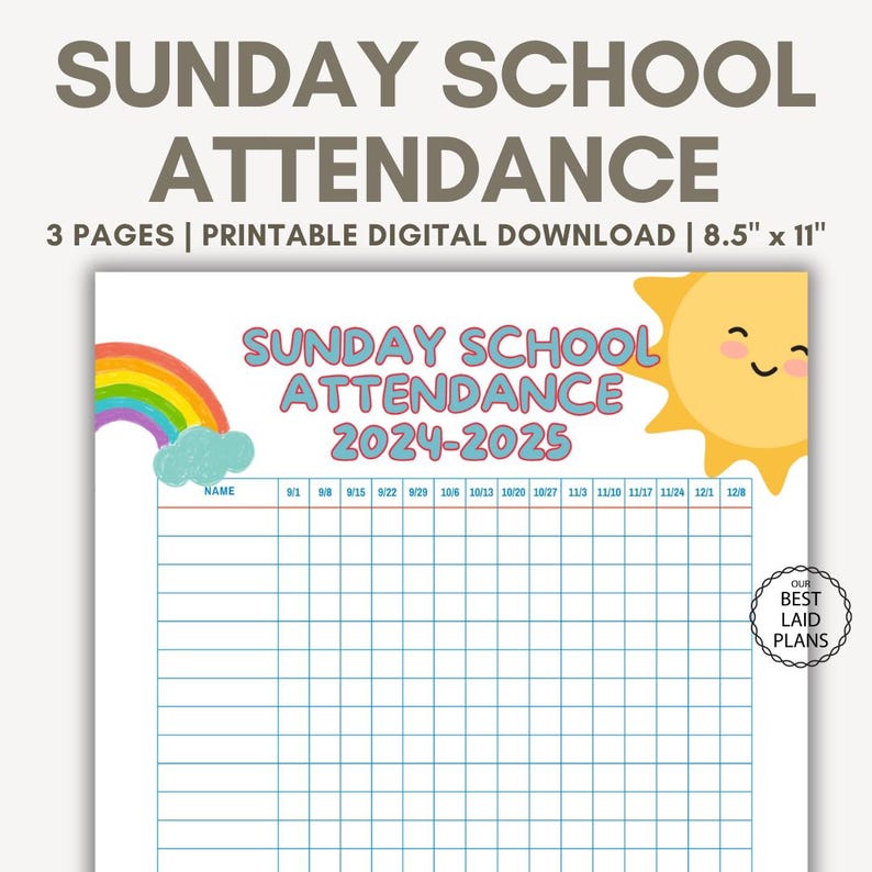 Sunday School Attendance Chart Printable PDF Sunday School Attendance ...