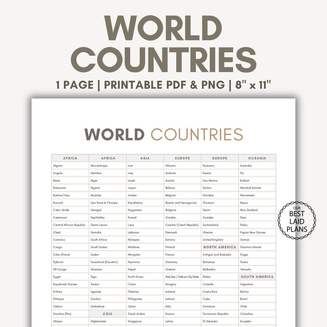World Countries List Printable: Geography Reference (PDF Download) - Etsy