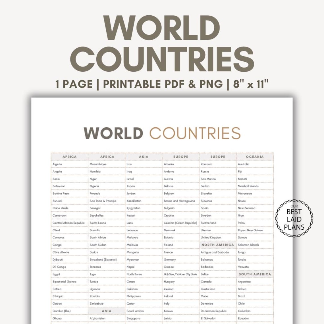 World Countries List Printable: Geography Reference (PDF Download) - Etsy