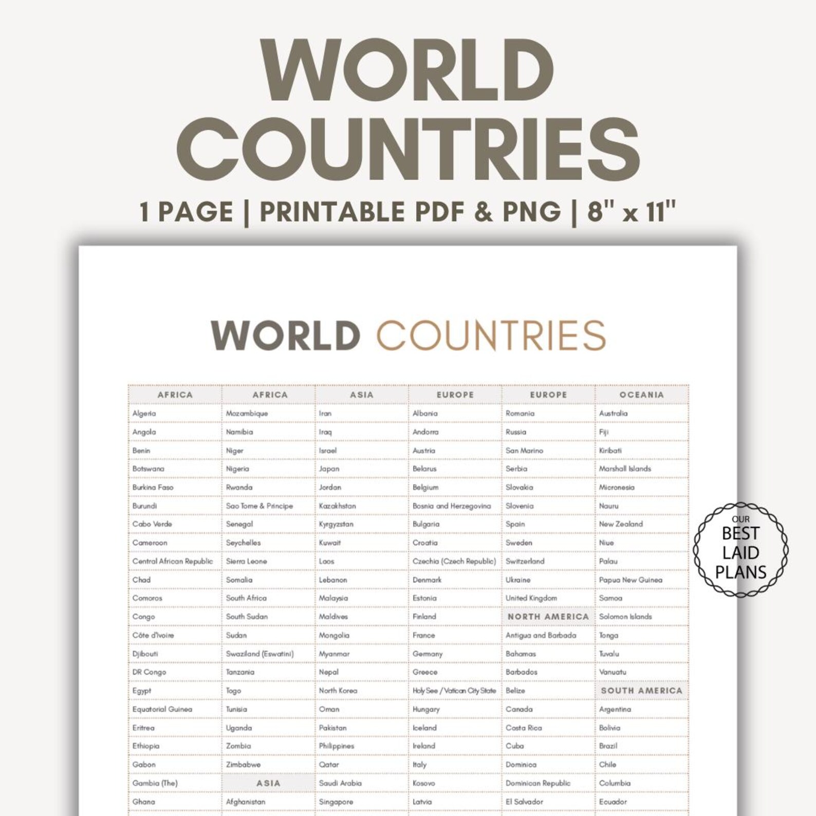 World Countries List Printable: Geography Reference (PDF Download) - Etsy