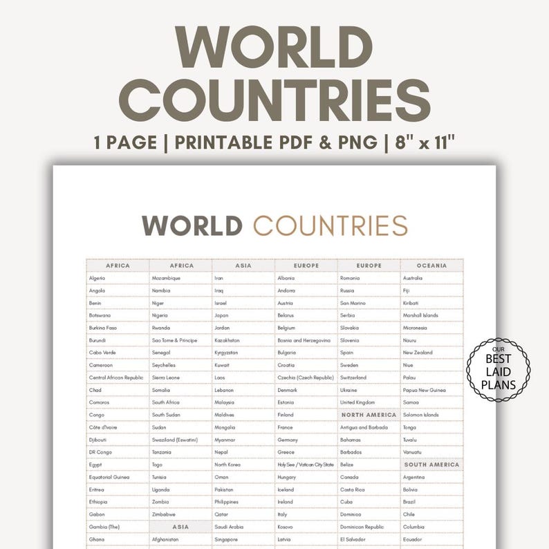 World Countries List Printable: Geography Reference (PDF Download) - Etsy