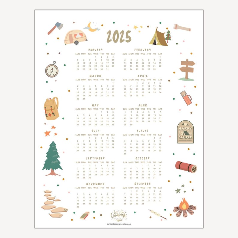 2025 Calendar Printable PDF Camping 2025 Calendar at a Glance 2025 ...