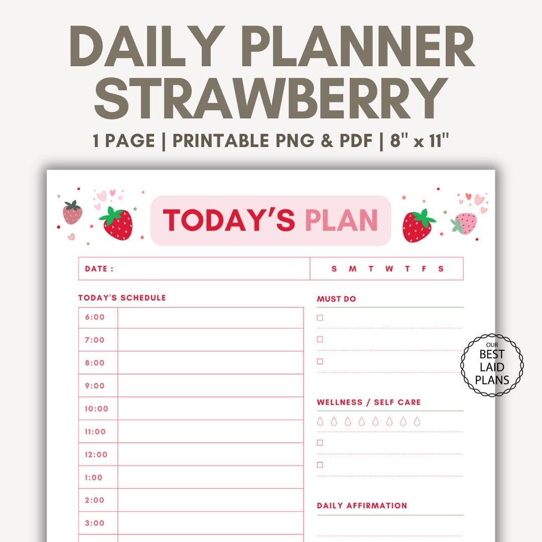 Strawberry Theme Daily Planner Printable, Cute Daily Agenda Strawberry ...