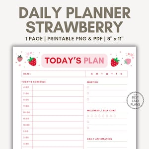Strawberry Theme Daily Planner Printable, Cute Daily Agenda Strawberry ...