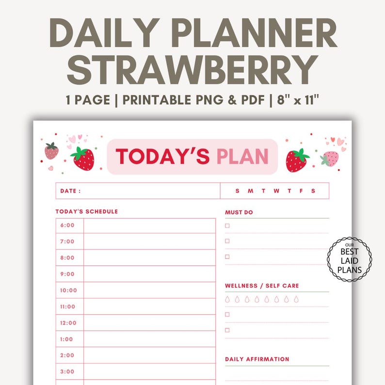 Strawberry Theme Daily Planner Printable, Cute Daily Agenda Strawberry ...
