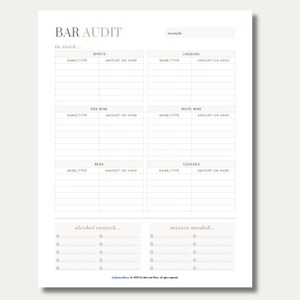 Bar Audit Printable PDF Home Bar Inventory Checklist Bar Restock Bar ...
