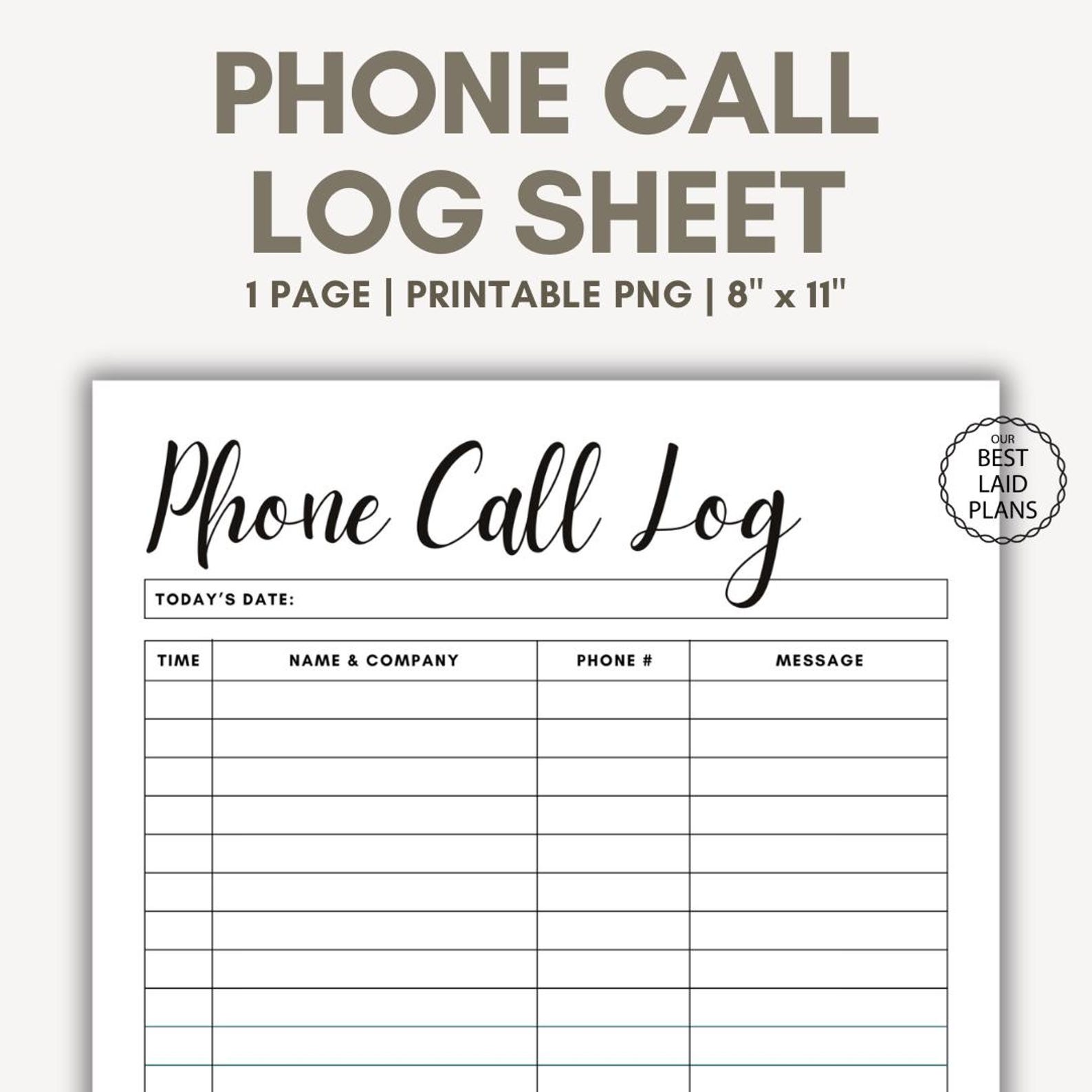 Phone Call Log Sheet Printable, Phone Call Message Log Template ...