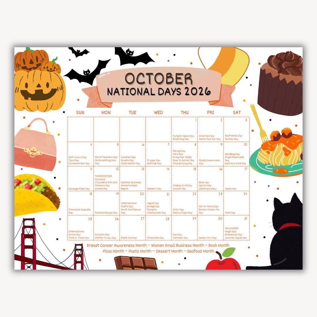 October National Days Calendar Printable, National October Days ...