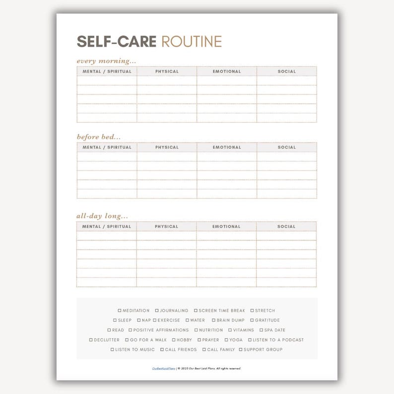 Self Care Planner Printable PDF Simple Self Care Routine Tracker ...