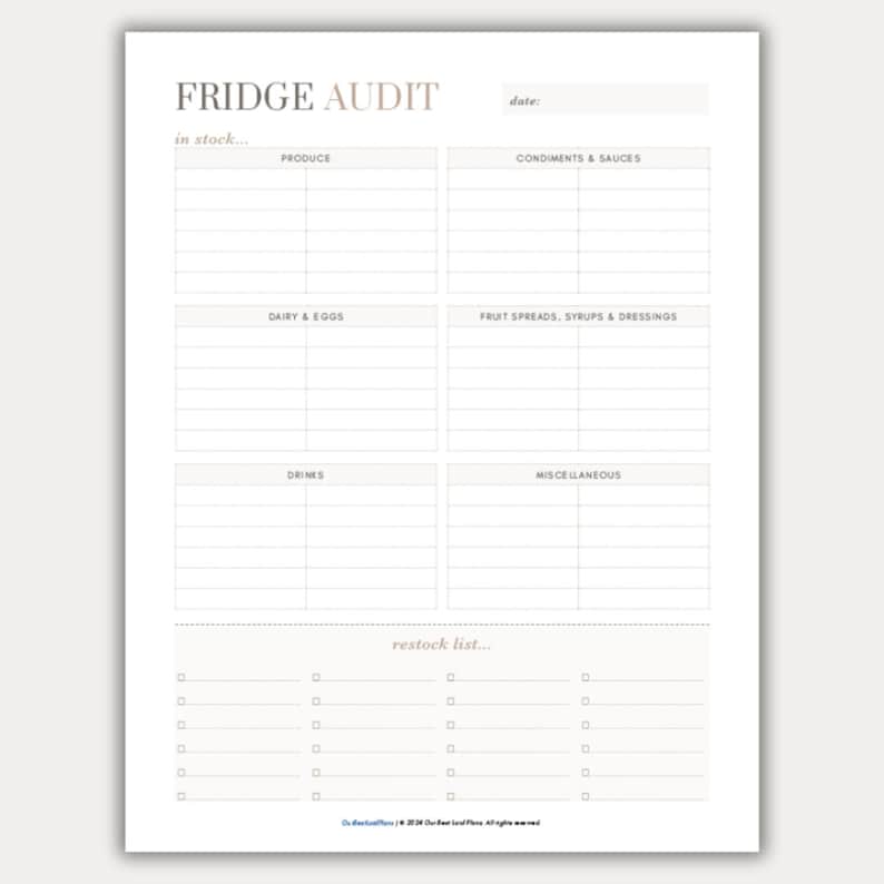 Fridge Restock Audit Printable Fridge Inventory Kitchen Management ...